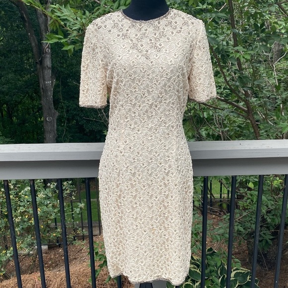 Vintage | Dresses | Vintage 8s Does 60s Beaded Sequin Lace Winter White ...